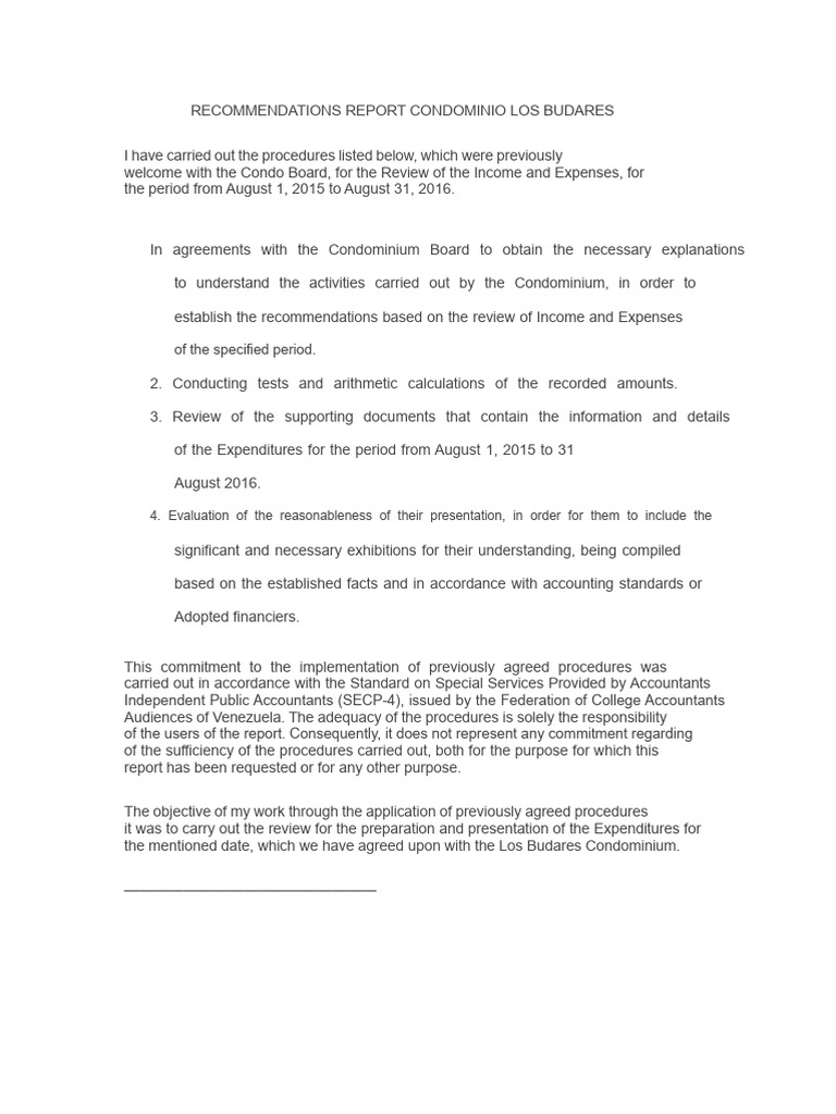 Condominium Recommendations Report | PDF | Expense | Condominium