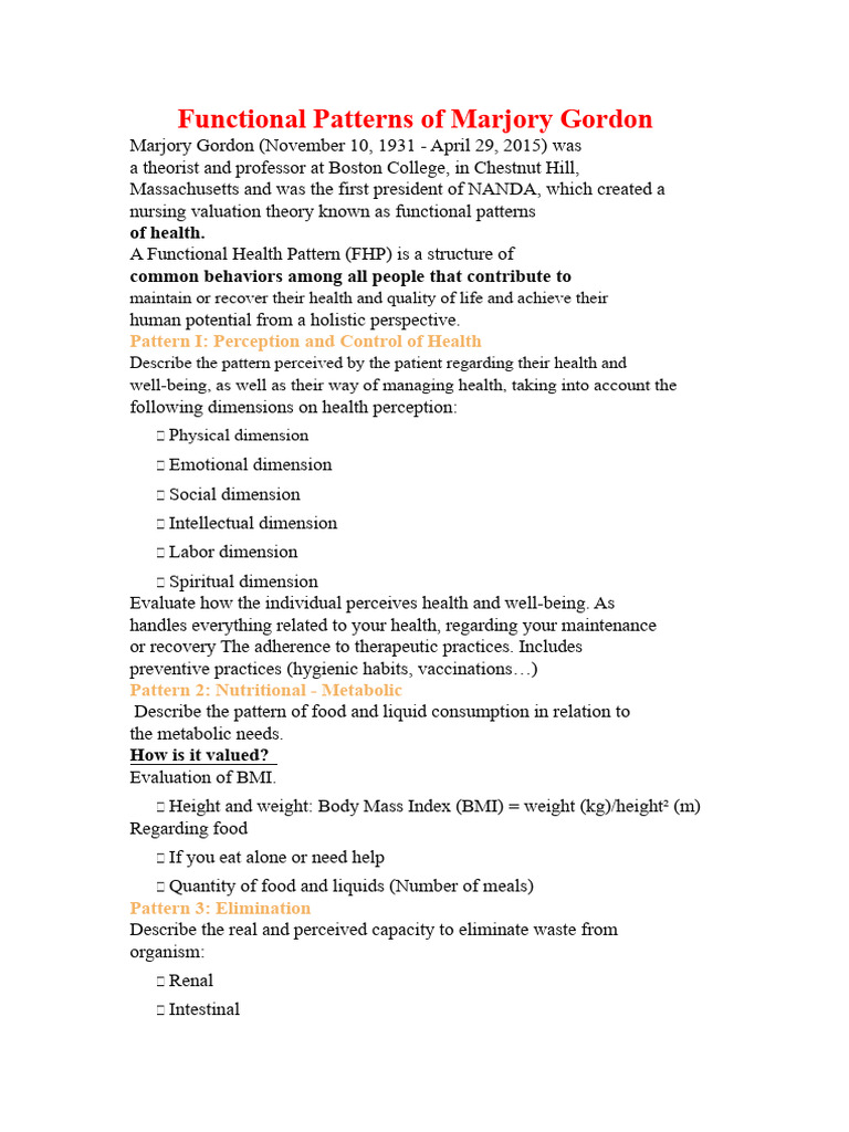 Functional Patterns of Marjory Gordon | PDF | Self Concept | Perception