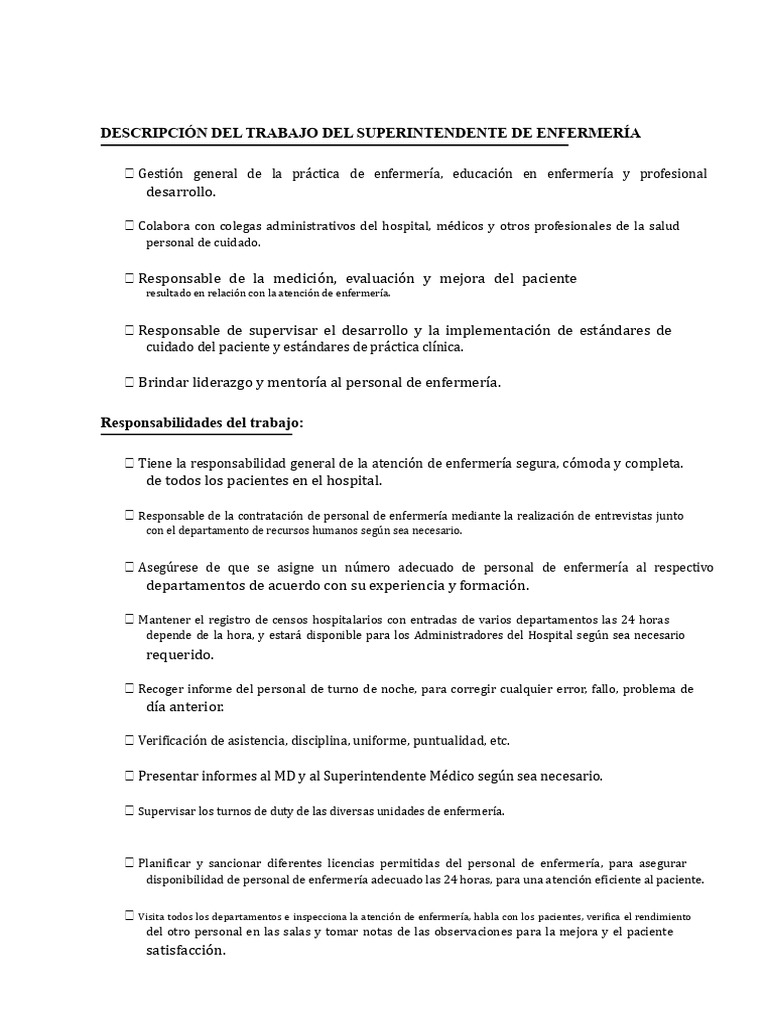 Funciones del Superintendente de Enfermería | PDF | Enfermería | Hospital