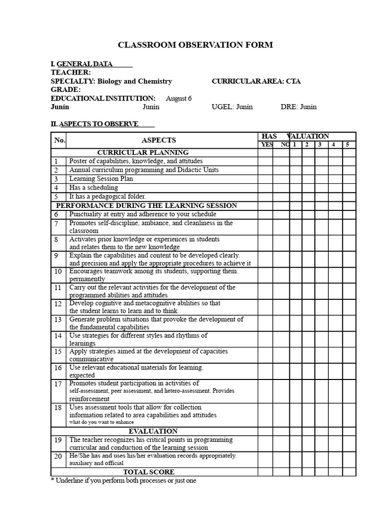 Classroom Observation Sheet | PDF | Curriculum | Teachers