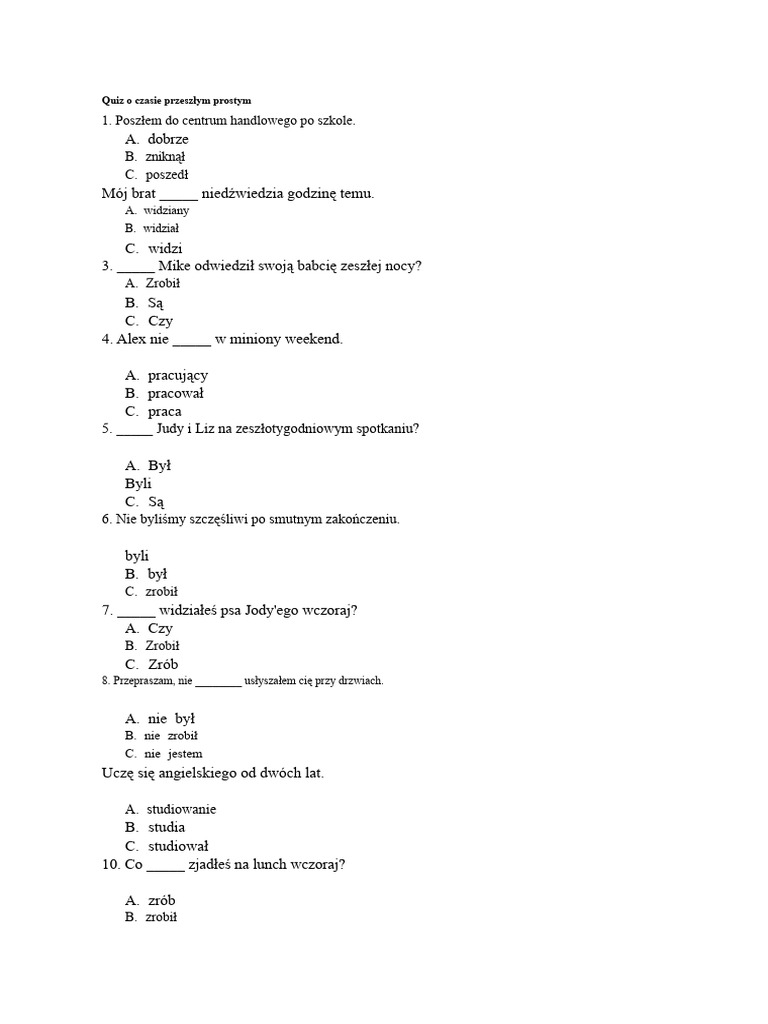 Quiz Z Czasu Past Simple | PDF