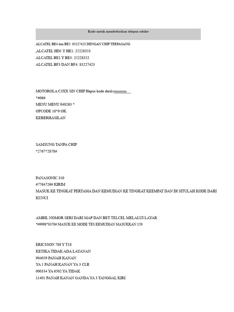 Kode Pembebasan Ponsel Berbagai Merek | PDF