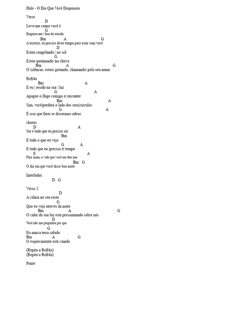 Letra da Música "Hale - O Dia Que Você Dispensou" | PDF