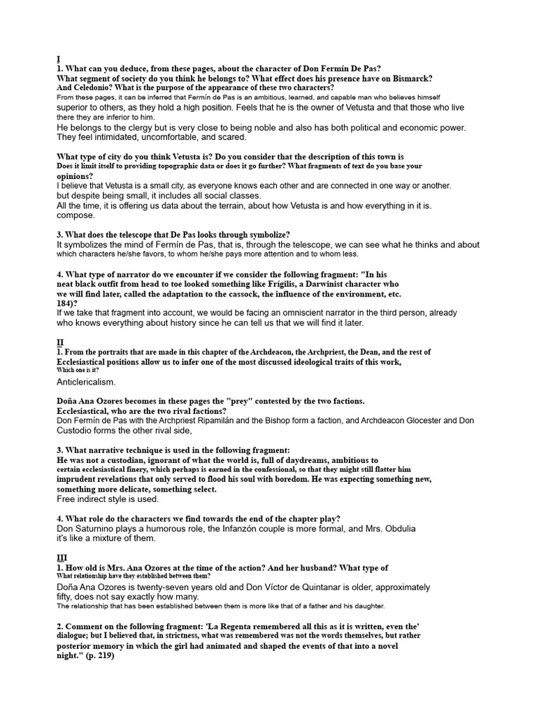 Questionnaire of La Regenta | PDF