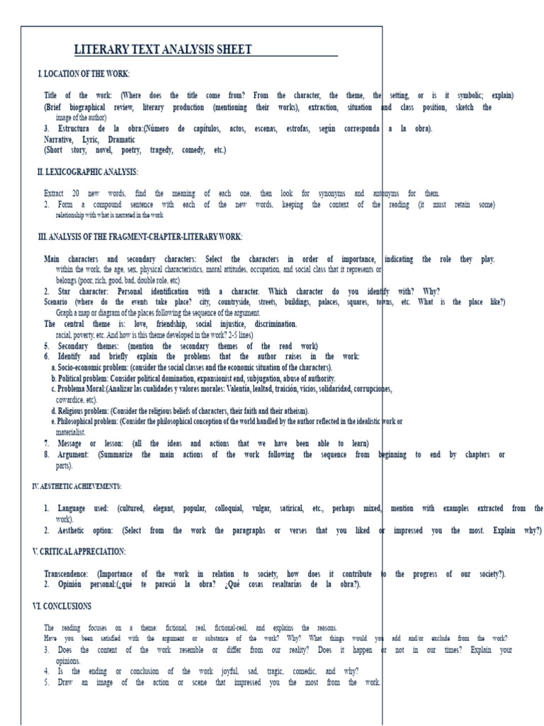 Literary Text Analysis Sheet | PDF | Narrative | Liberal Arts Education
