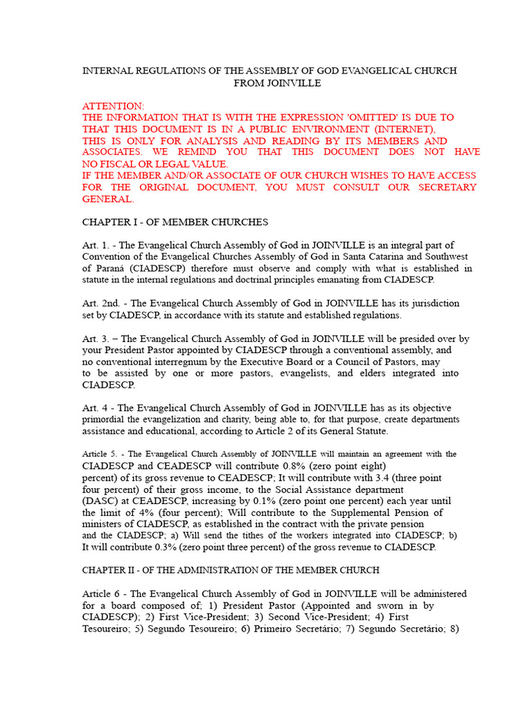 Internal Regulations of Assembly of God Joinville | PDF | Banks | Pastor