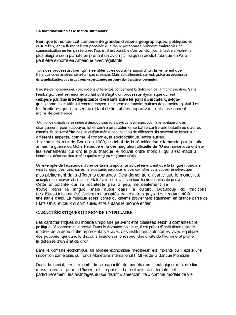Mondialisation et unipolarité mondiale | PDF | Globalisation | Économie