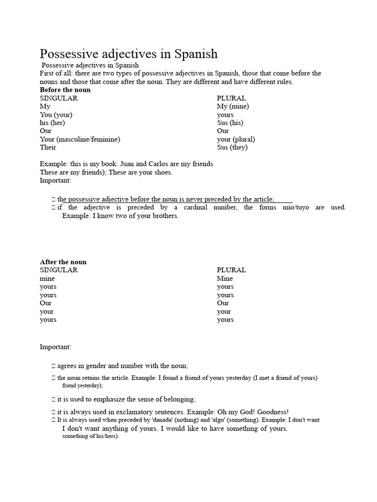 Possessive Adjectives in Spanish | PDF | Grammatical Gender ...