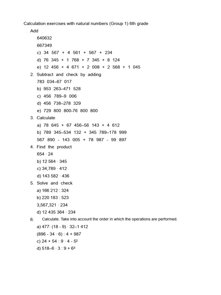 Calculation Exercises With Natural Numbers - Group 1 | PDF