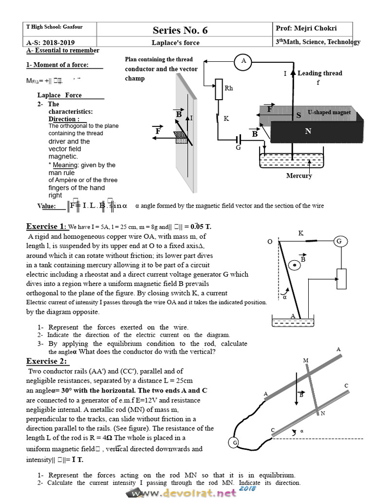 Exercise Series - Physical Sciences - Laplace Forces - 3rd Math (2018-2019) Mr. Mejri Chokri ...