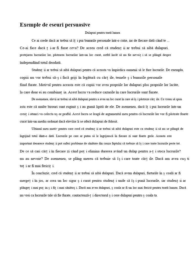 Exemplu de Eseu Persuasiv Clasa A 4-A | PDF