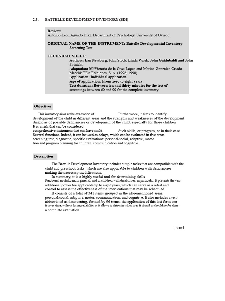 Battelle Developmental Inventory Overview | PDF | Validity (Statistics ...