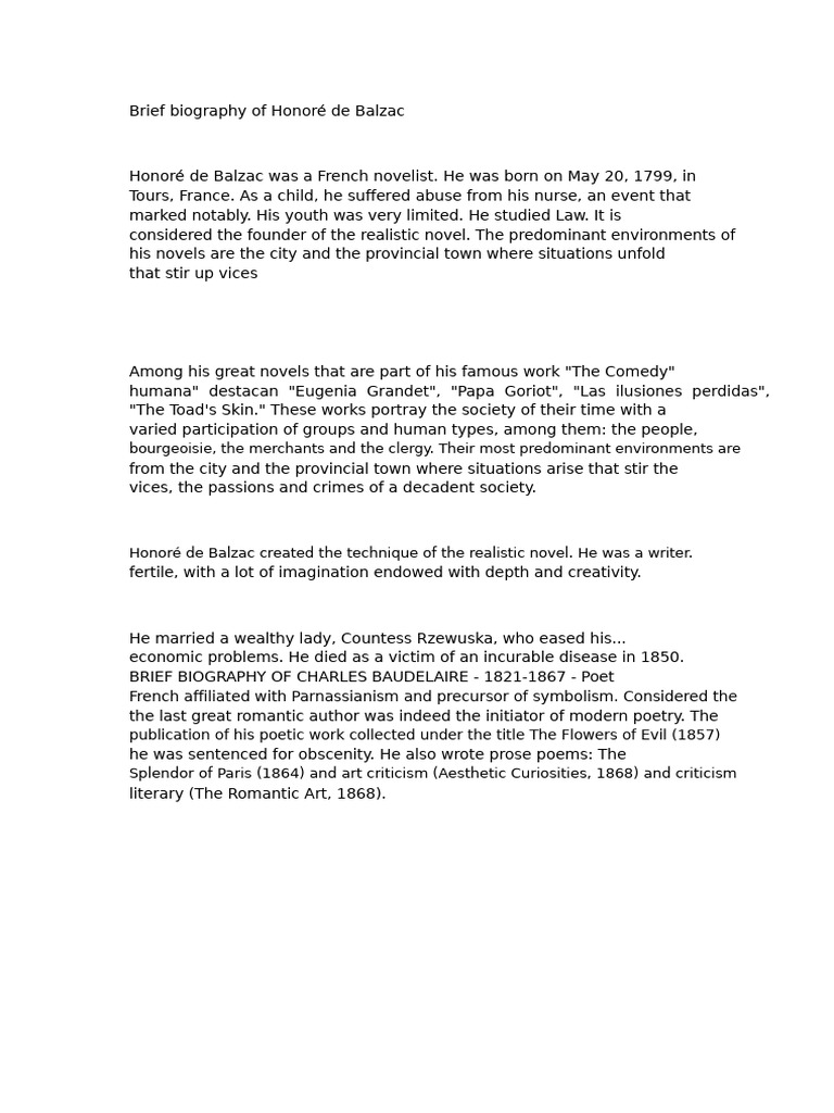 Brief Biography of Honoré de Balzac | PDF