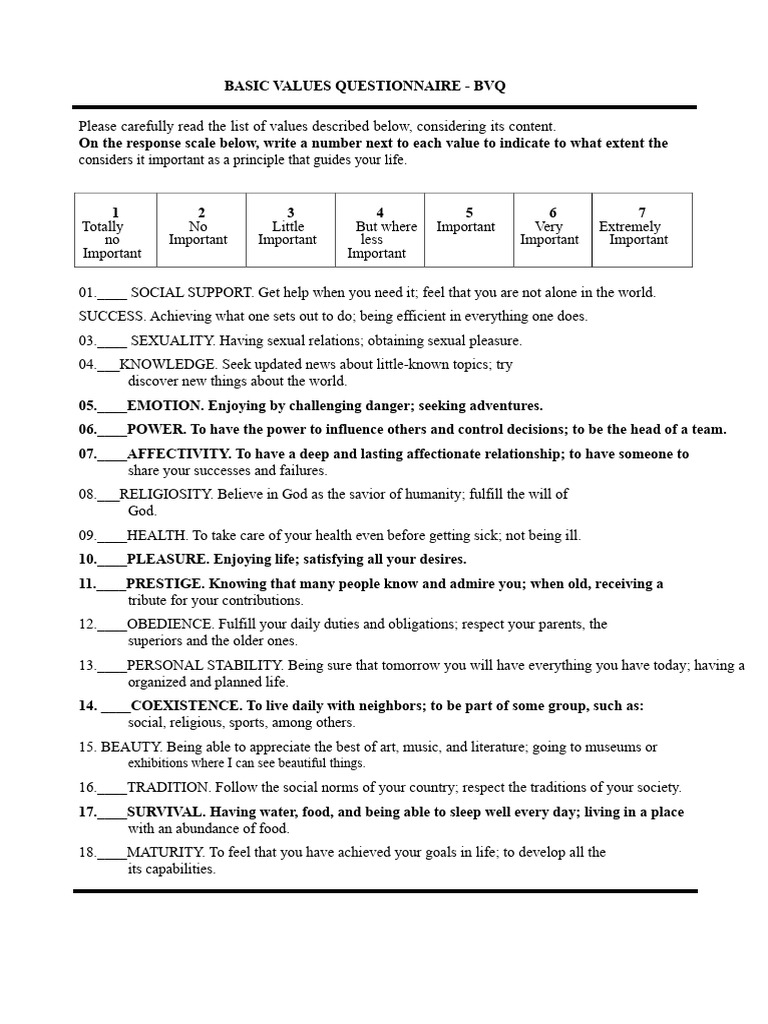 Basic Values Questionnaire (BVQ) | PDF | Pleasure | Social Psychology