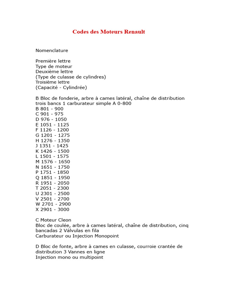 Codes des moteurs Renault détaillés | PDF | Fabricants de véhicule à ...