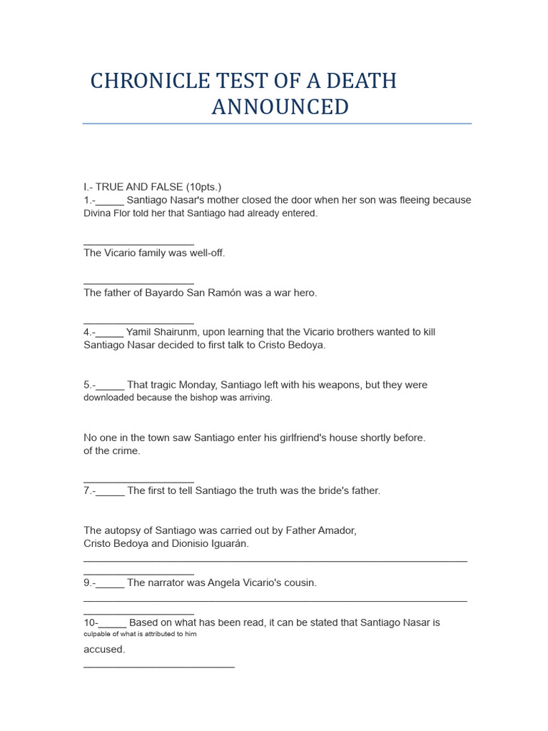 Chronicle of a Death Foretold Quiz | PDF