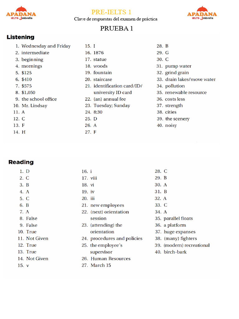 Clave de Respuestas de Simulacro de Clase Pre-Ielts | PDF