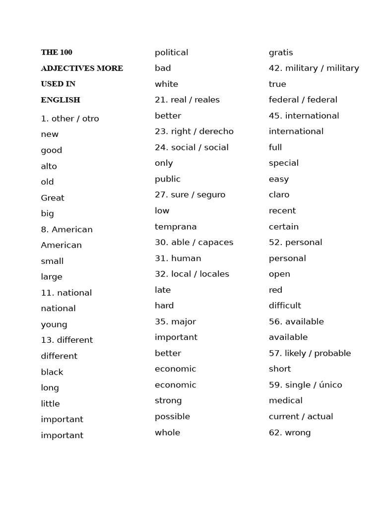 Most Common Adjectives in English | PDF