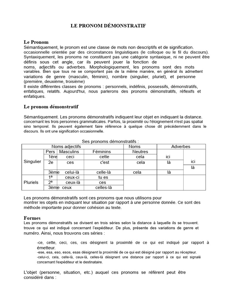 Pronoms démonstratifs : définitions et types | PDF | Genre grammatical ...