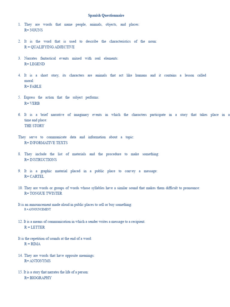 Spanish Questionnaire 4TH Grade | PDF | Word | Linguistics