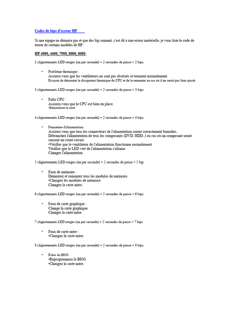 Codes d'erreur et bips HP | PDF | Ordinateurs personnels | Électronique ...