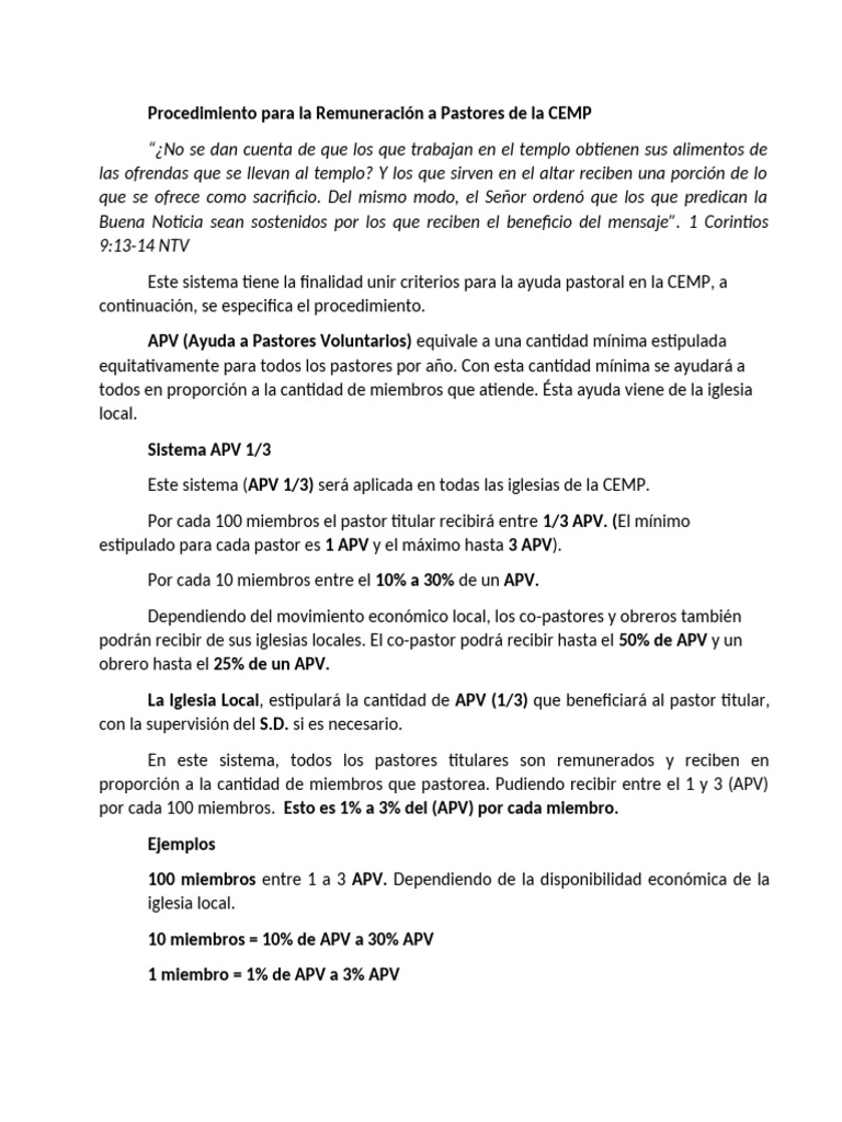 Procedimiento Para La Remuneración a Pastores de La CEMP Agosto | PDF | Economias