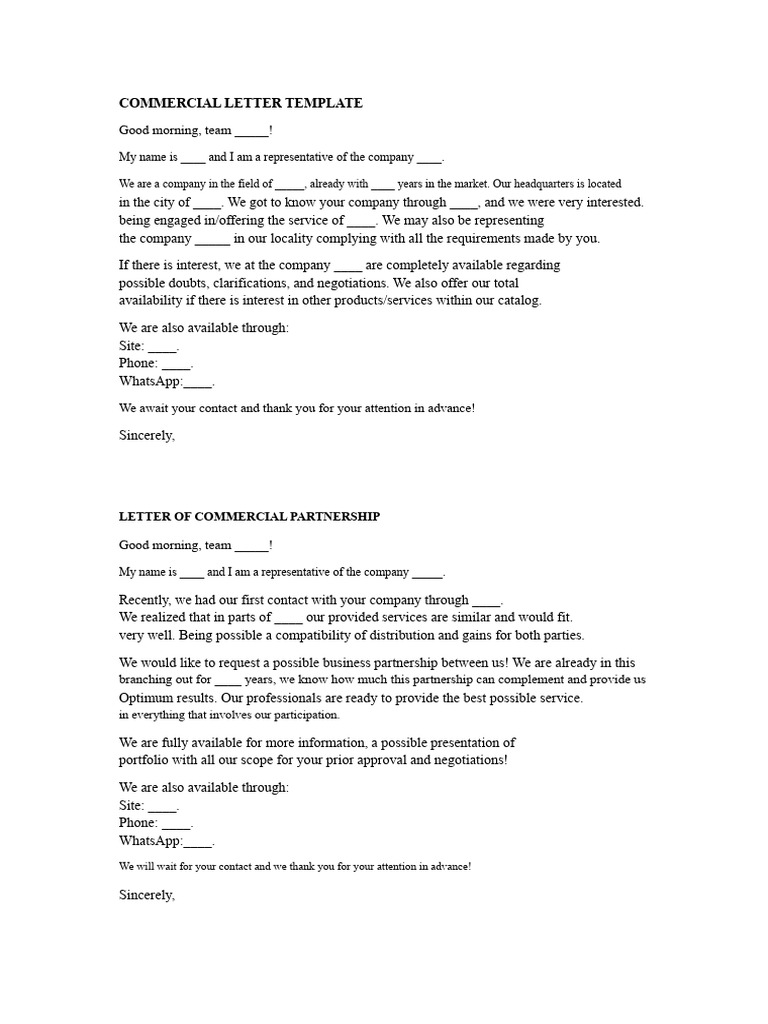 Comprehensive Commercial Letter Templates | PDF