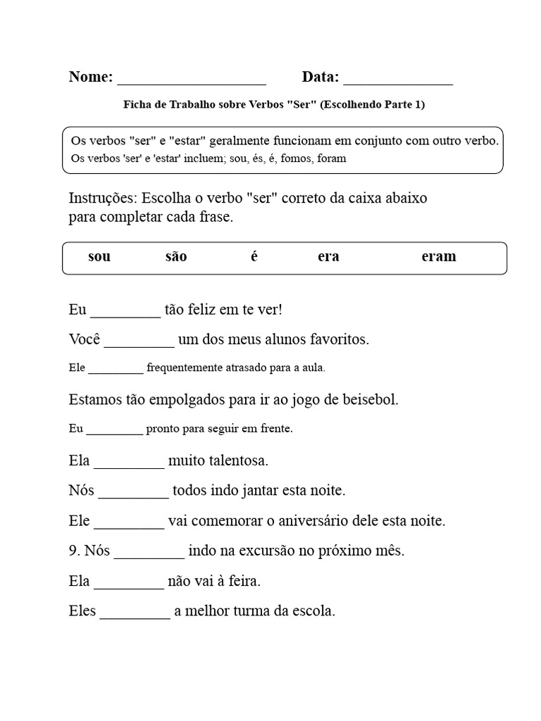 Ficha de Trabalho: Verbos "Ser" em Português | PDF