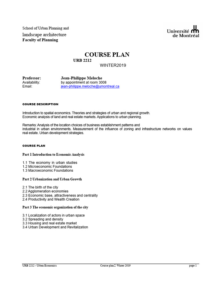 URB 2212: Urban Economics Course Plan | PDF | Economics | Lecture
