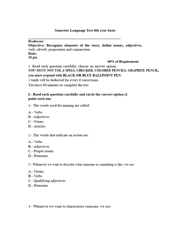 global test for 6th grade - language - 2016 | PDF | Adjective | Verb