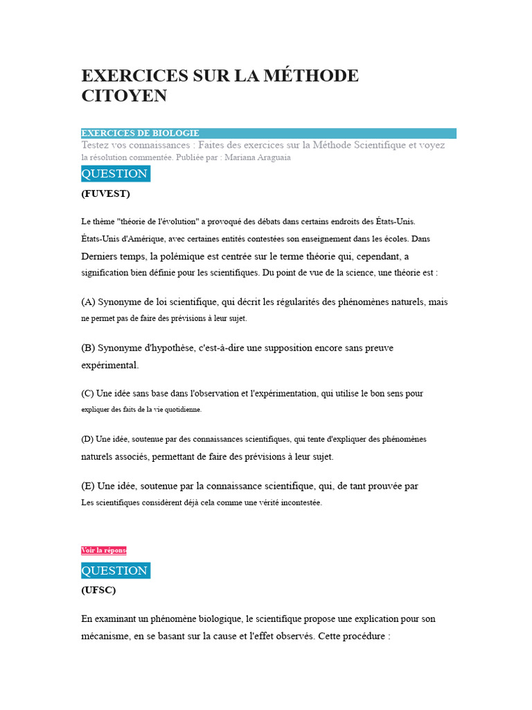Exercices sur la Méthode Scientifique | PDF | Méthode scientifique ...