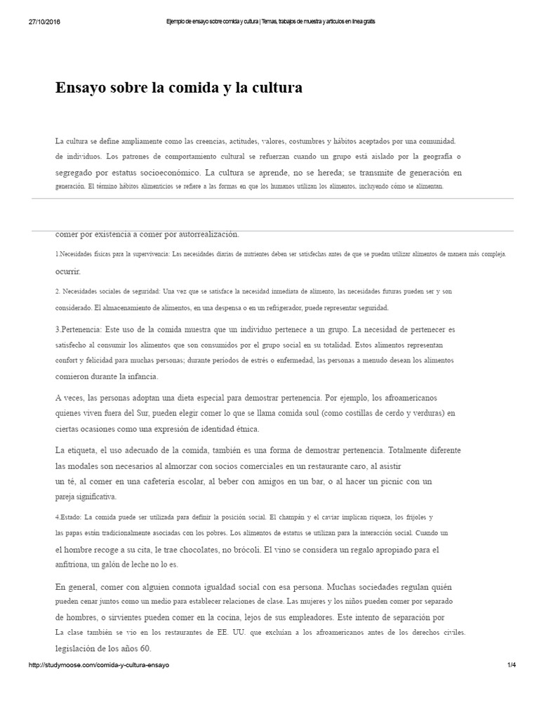 Ejemplo de Ensayo Sobre Comida y Cultura | PDF | Alimentos | Dieta ...