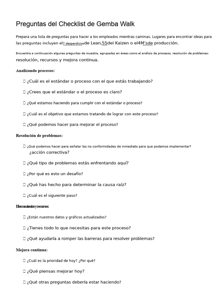 Preguntas Clave para Gemba Walk | PDF | Cognición