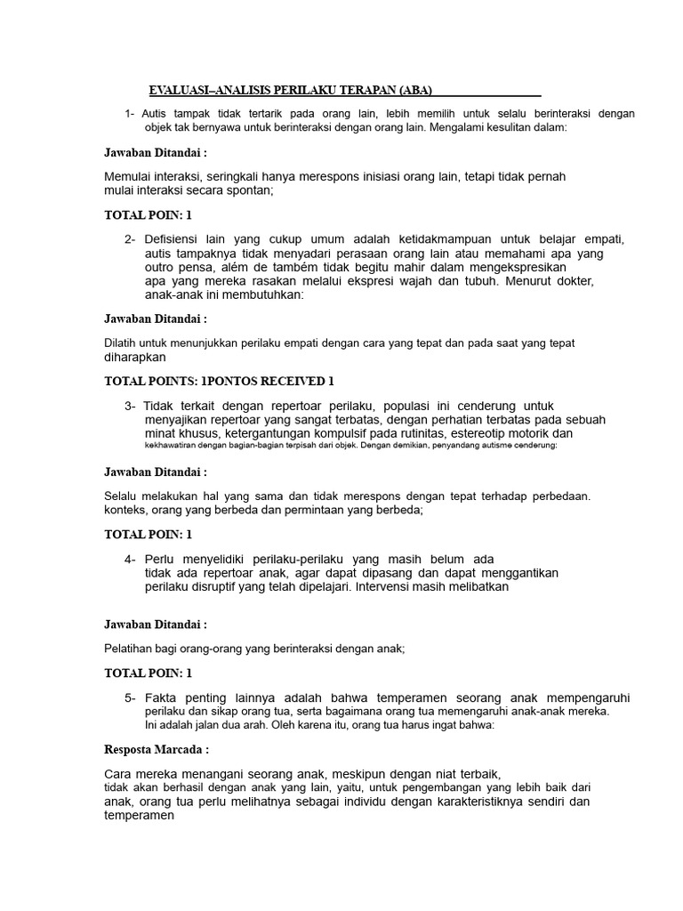 EVALUASI (Pelajaran 01) – ANALISIS PERILAKU TERAPIS (ABA).docx | PDF