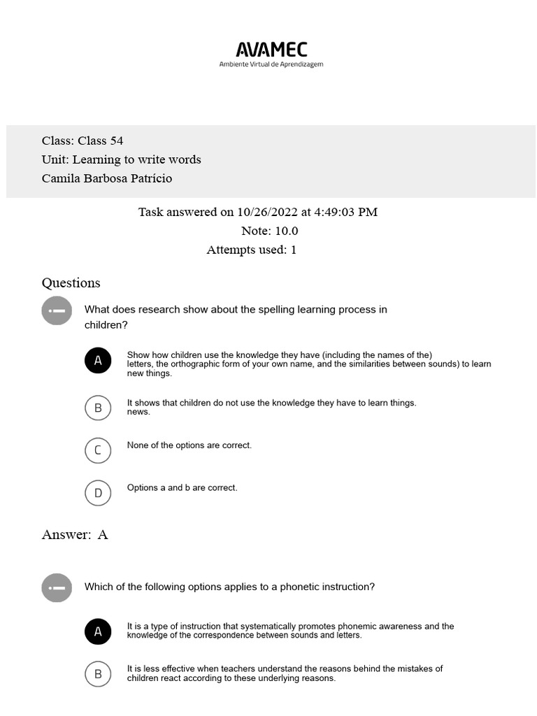 Answer-Questionnaire-10. Quiz Learn To Write Words | PDF | Spelling | Word