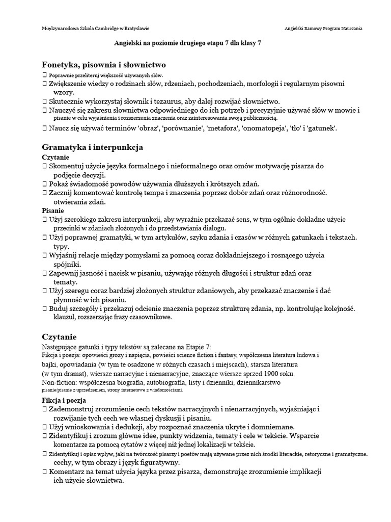 Program Nauczania Języka Angielskiego Na Etapie 7 PDF | PDF