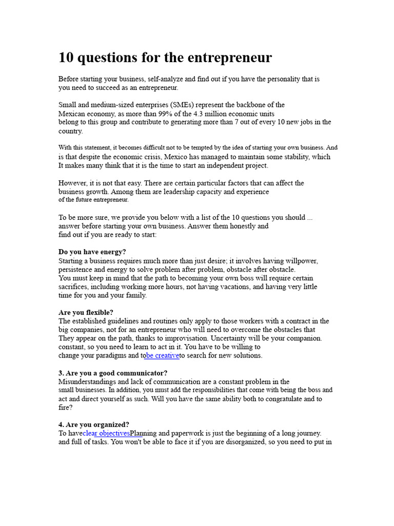 10 Essential Questions for Entrepreneurs | PDF | Entrepreneurship | Risk