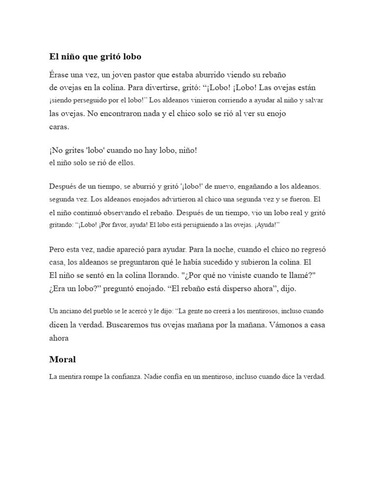 El niño que gritó lobo: moraleja | PDF
