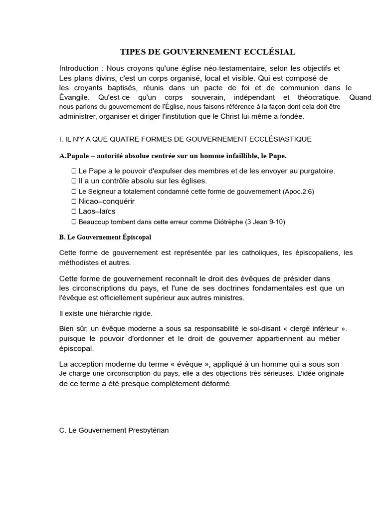 Types de Gouvernement Églésial Expliqués | PDF | Église chrétienne | Évêque