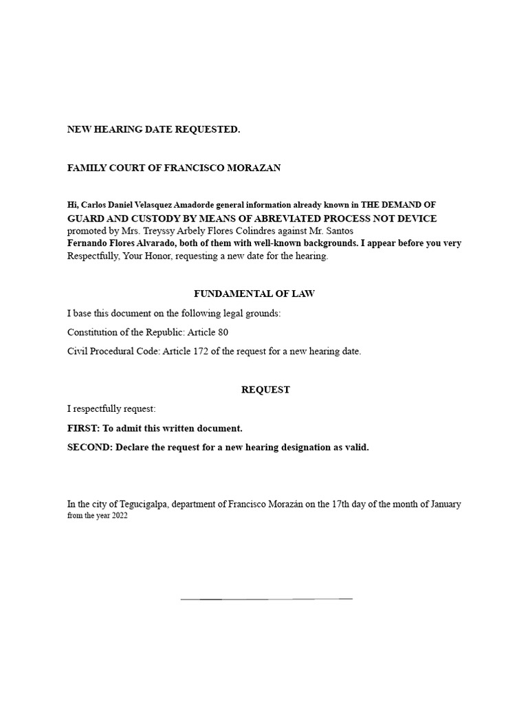 Request for New Hearing Date in Family Court | PDF
