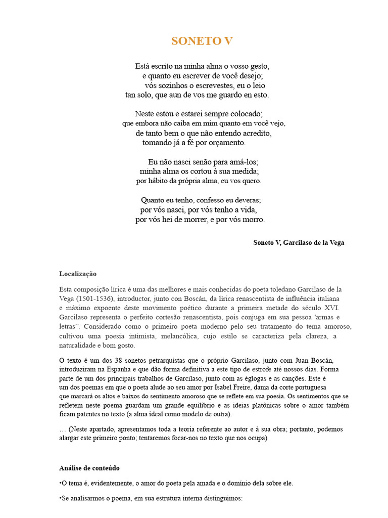 Soneto V de Garcilaso de la Vega (comentário realizado) (1) | PDF ...