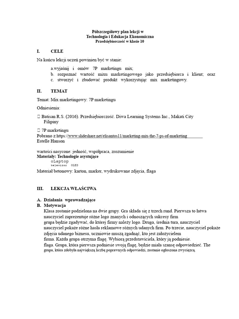 Plan Lekcji W Zakresie Miksu Marketingowego | PDF