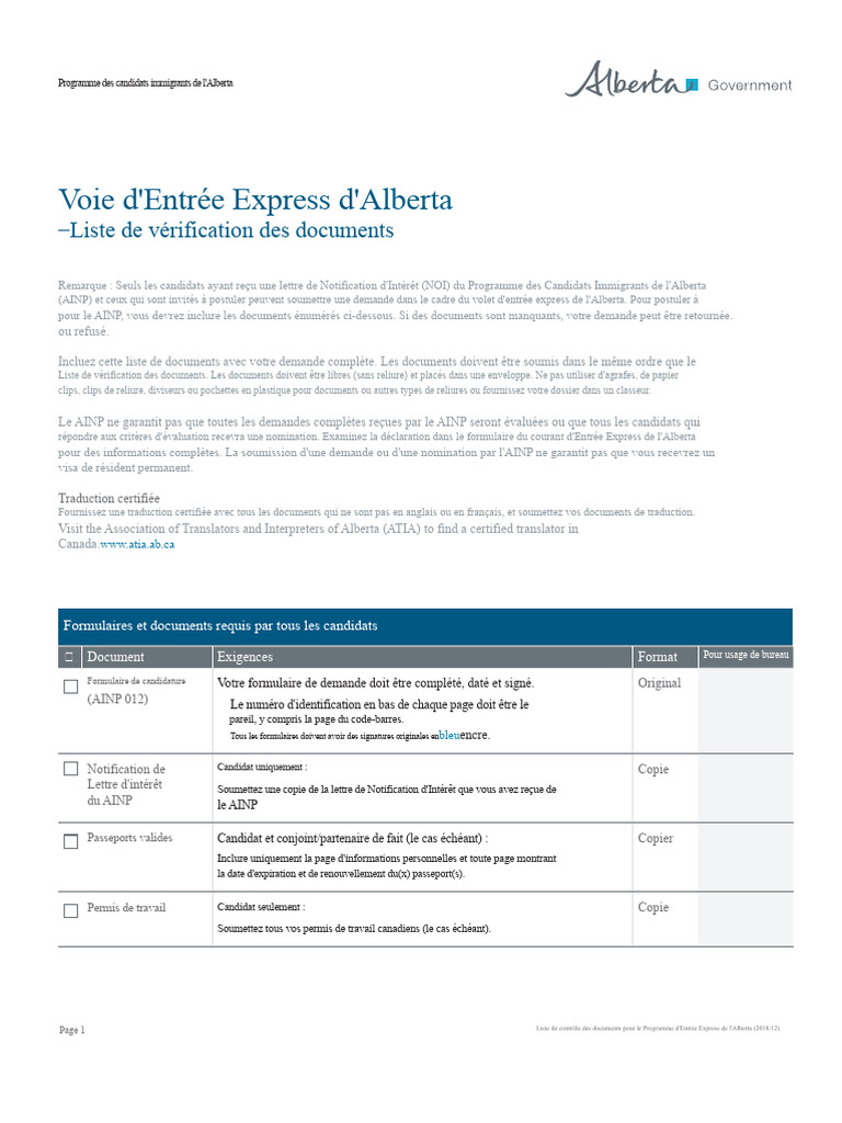 Liste de vérification AINP Alberta 2023 | PDF