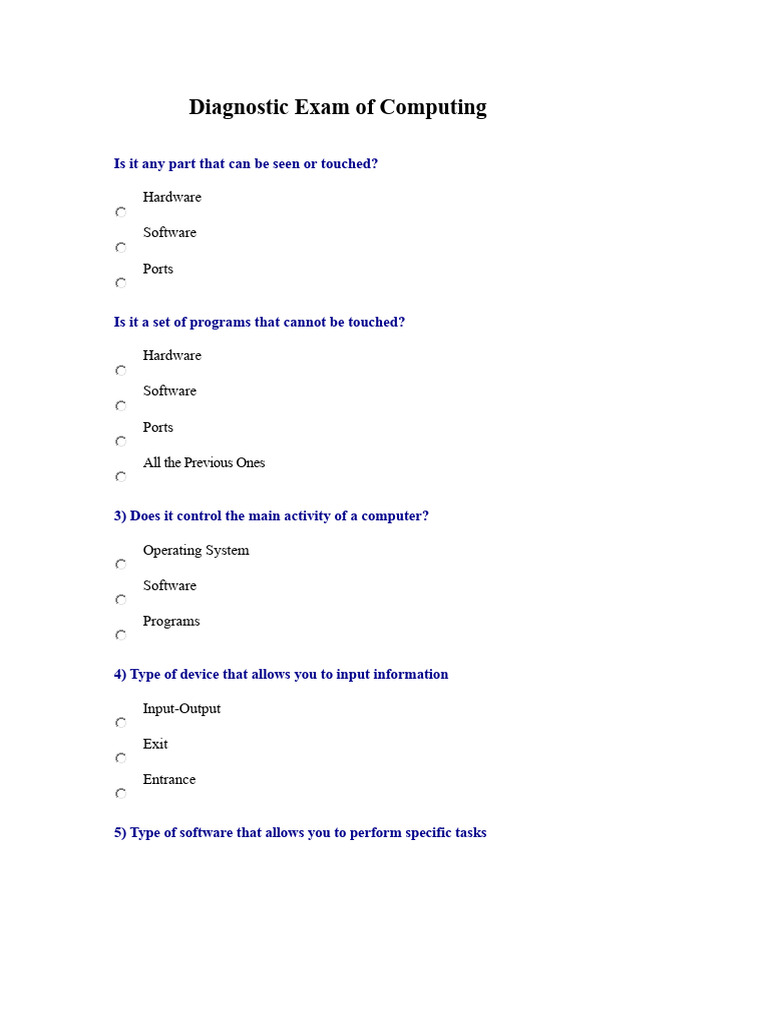 Diagnostic Exam Of Computing I Pdf Computer Hardware Microsoft Word