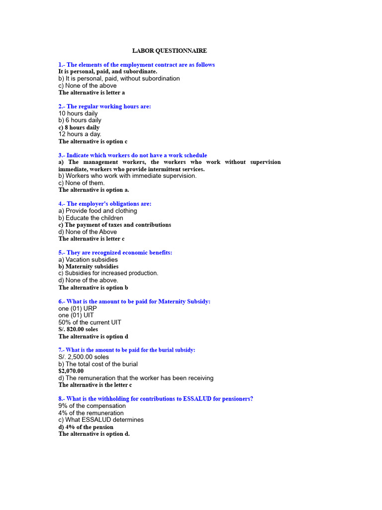 Labor Questions Questionnaire | PDF | Employment | Working Time