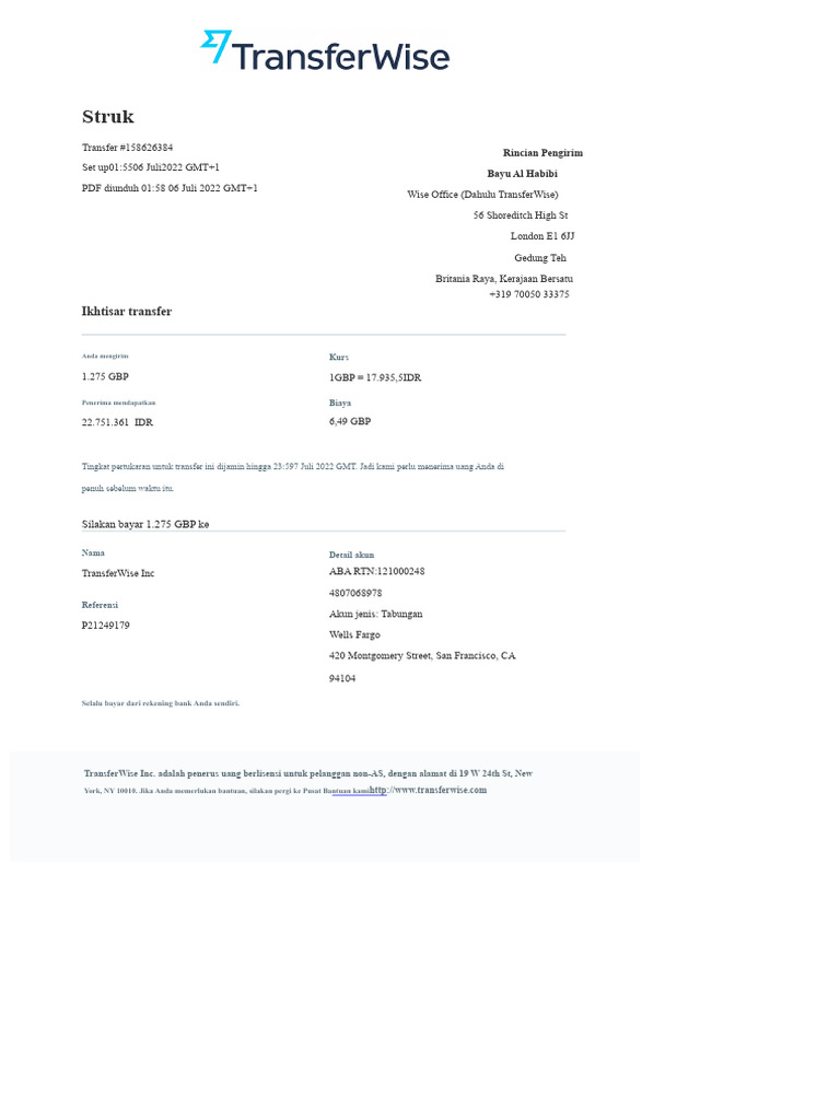 Contoh Struk Transfer Wise | PDF