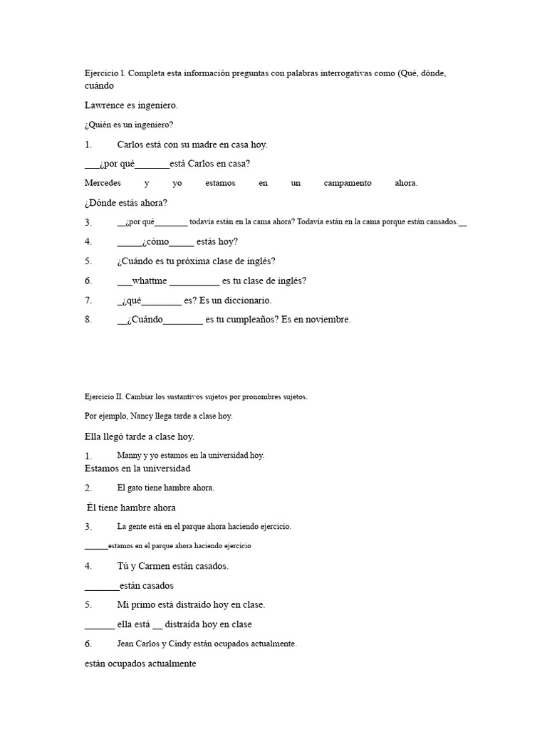 Ejercicio, el verbo ser y las preguntas Wh en presente simple. | PDF | Mecánica del lenguaje ...