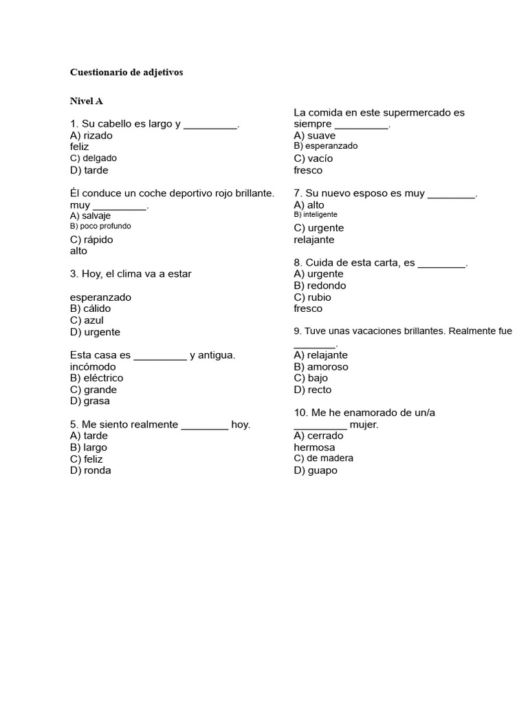 Cuestionario de Adjetivos para Estudiantes | PDF | Adjetivo