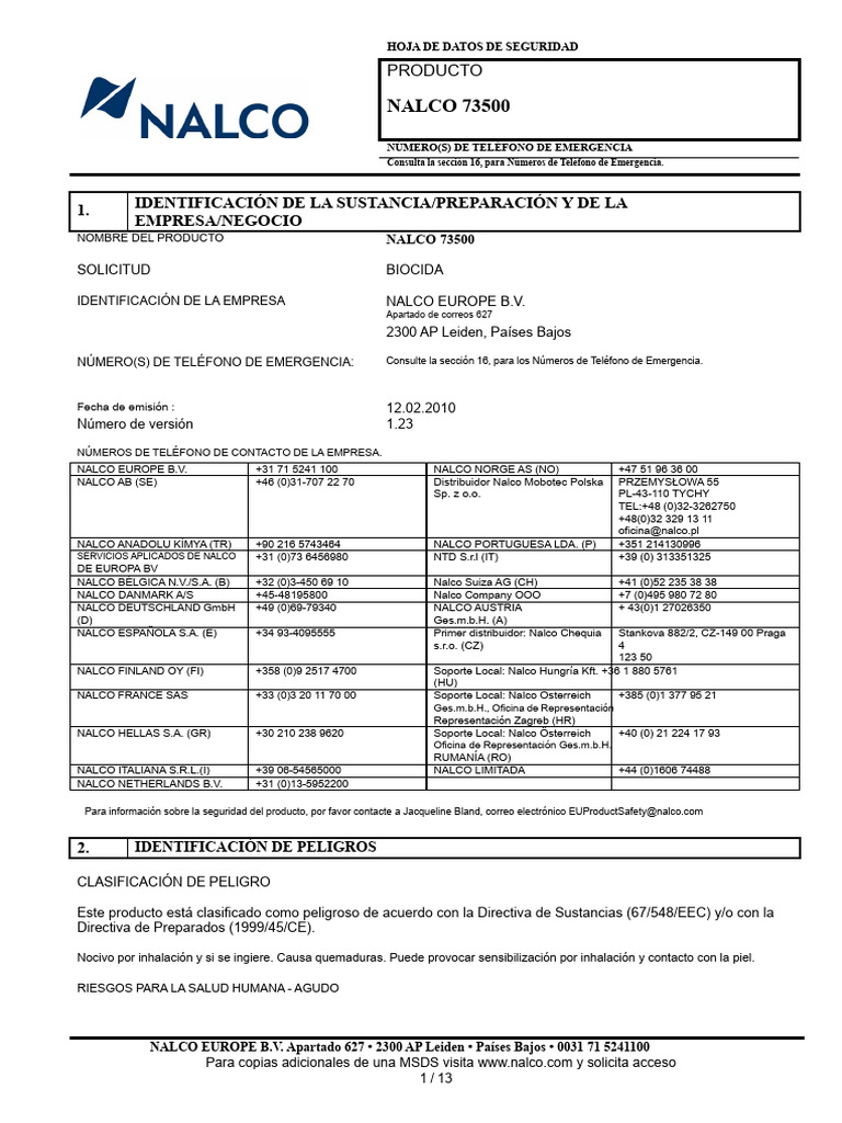 Hoja de Seguridad NALCO 73500 | PDF | Corrosión
