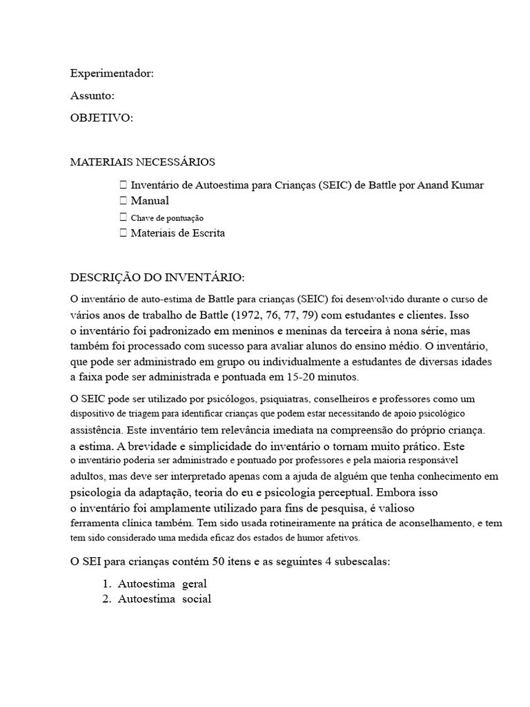 procedimento da escala de auto-estima | PDF | Autoestima | Psicologia